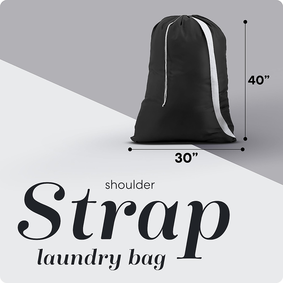 Shoulder Strap Laundry Bag - Drawstring Locking Closure, Durable Nylon Material, Large Capacity, Heavy Duty Stitching, Hands Free Carrying, Perfect for Laundromat or College Dorm. (Black | 30" x 40")