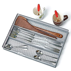 SETTFRFE 2P Metal Mesh Drawer Organizer,Flatware Organizer,Silverware Holder,Kitchen Eating Utensils Tray for Drawer,Silver (2P)