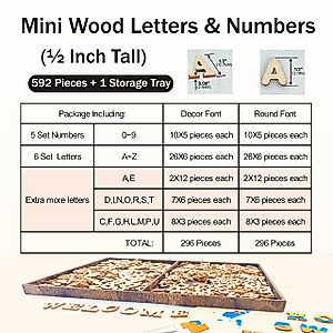 592 Pieces 1/2 Inch Mini Wooden Alphabet Letters and Unfinished Wood Numbers with Rustic Storage Tray for Scrapbooking DIY Crafts Homemade Gifts
