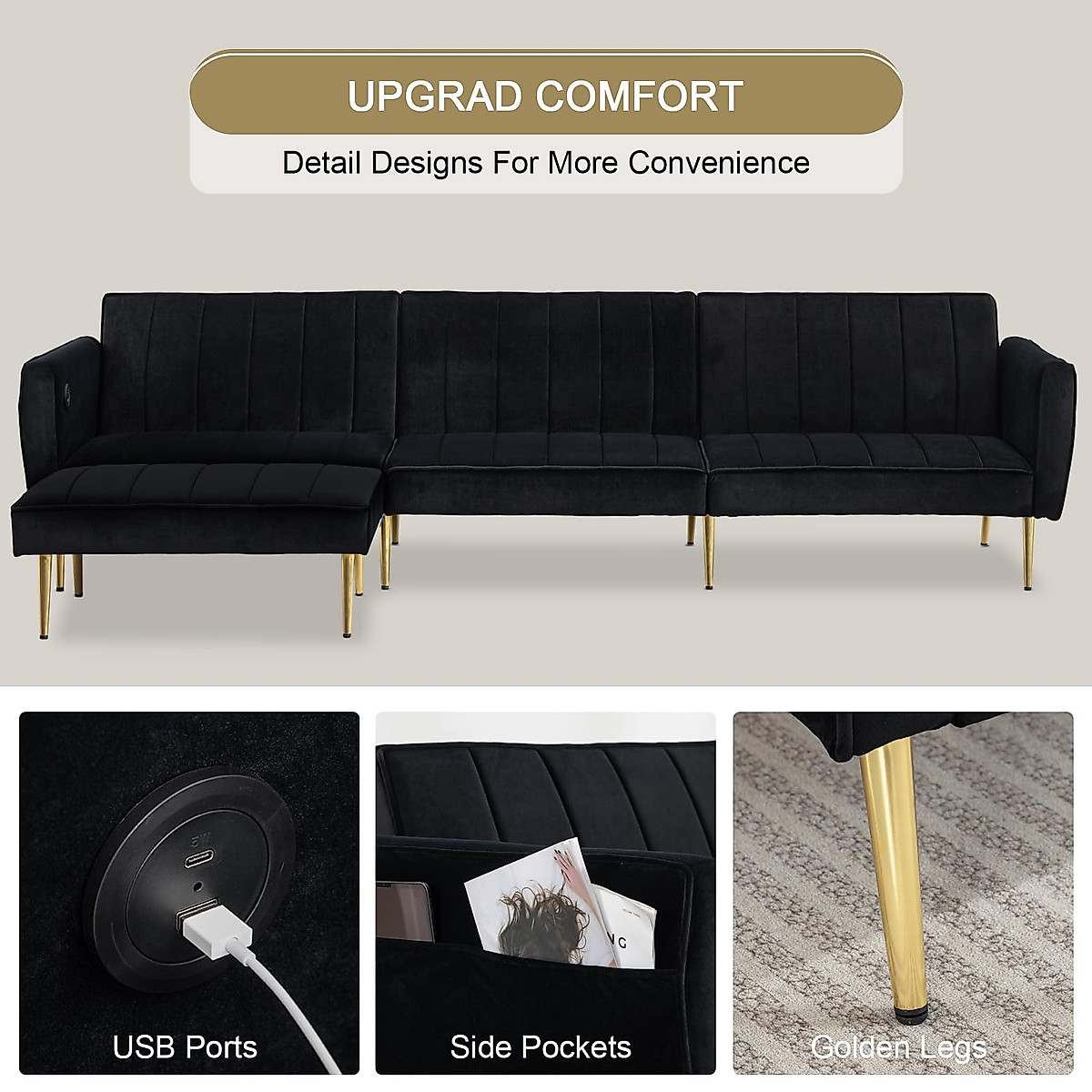 TTGIEET 105" Velvet Sofa Couch with Chaise, L Shape Futon Sofa Couch with USB, 4-Seat Sleeper Sofa Bed for Living Room (Black)