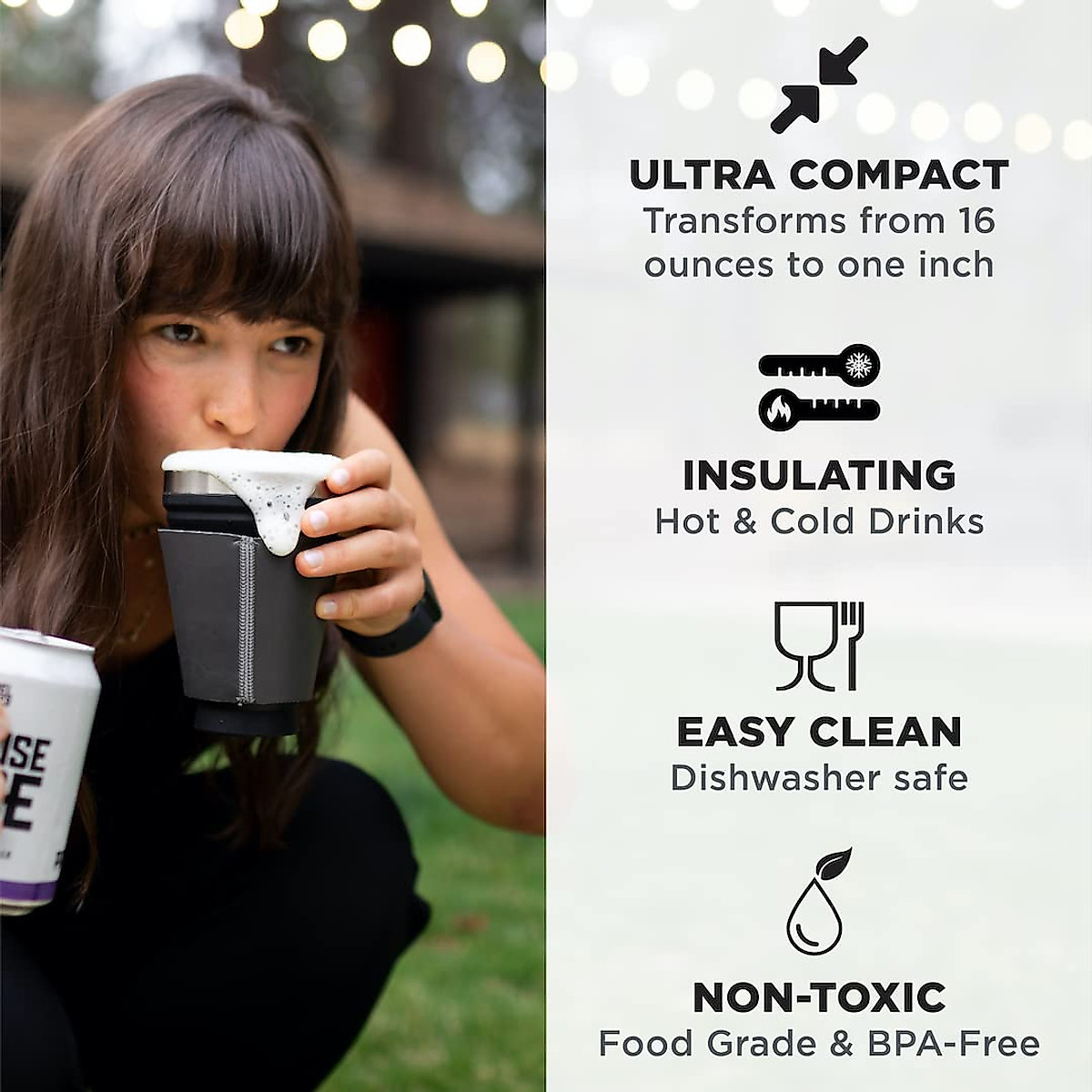 HYDAWAY Collapsible Drink Tumbler | Portable, Insulated, Hot & Cold Drink Cup for Coffee, Tea, Smoothies, Beer, Cocktails, Travel, Commuting, Camping, Events | 16oz Capacity (Ember)