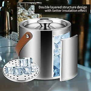 Bakpoco Double-Wall Vacuum Insulated Ice Bucket with Lid, Scoop, Ice Tong, Strainer & Leather Handle Keep Ice Frozen Longer Large Wine Ice Buckets for Cocktail Bar,Parties Chilling Beer Champagne 3L