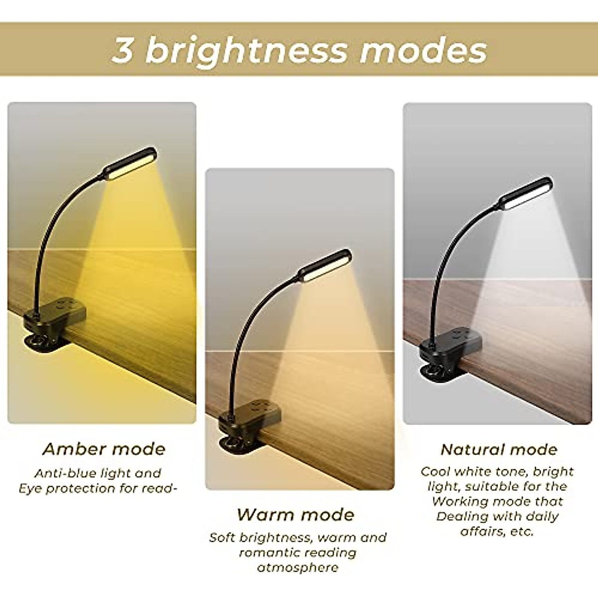 QEZEZA Book Light for Reading in Bed, USB-C Rechargeable Book Light, Reading Light with 16 LEDs, 5 Brightness and 3 Color Modes,1000 mAh Strong Battery Life, 1 Hour Charge for Whole Day Working