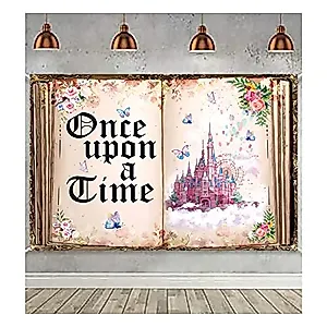 MAQTT Fairytale Book Photography Backdrop 7x5ft Once Upon A Time Backdrop for Girls Birthday Party Decoration Pink Flowers Butterfly and Castal Princess Backdrop for Baby Shower Cake Table Decor