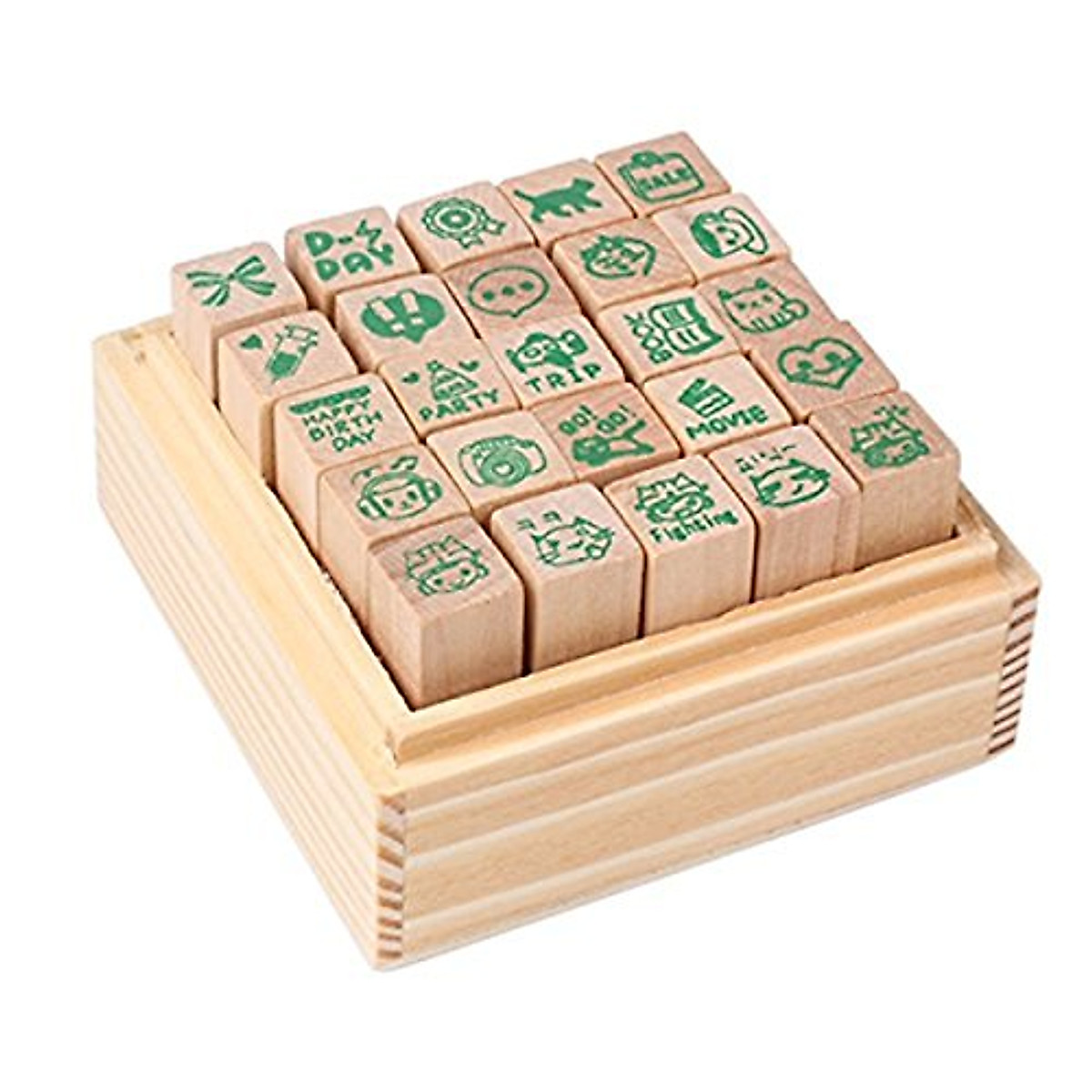 Pack of 25 Pcs Small Green Happy Life Shape Wooden Rubber Stamps with Box for DIY Craft Card and Photo Album (Green)