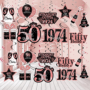 36PCS Rose Gold 50th Birthday Decorations Hanging Swirls for Women,Happy 50th Birthday Party Supplies Vintage 1974 Foil Swirls,Fifty Years Old Ceiling Hanging Decorations Party Favors Decor