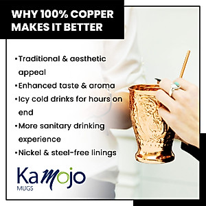 Kamojo Moscow Mule Cups Set of 4 - Premium Moscow Mule Copper Mugs with Unique Embossed Design & Anti-Tarnish, Food-Grade Coating - Copper Cups Gift Set with 4 Copper Straws & Recipe E-Book, 16 oz