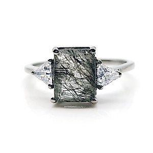 Rings For Women Natural Black Rutilated Quartz Ring, Salt And Pepper Diamond Emerald Cut Promise Ring Beautiful Gift Wedding BY FOREVER GEMS & JEWELS, Rose Gold,White,Emerald,Silver