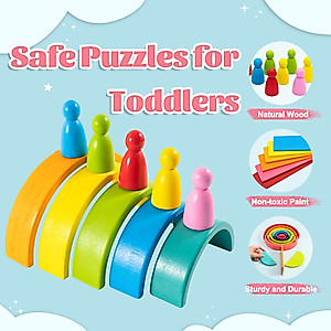 XJYQJD Wooden Rianbow Stacker Playset, 4-in-1 Rainbow Stacking Toys Building Blocks for Kids Ages 3 4 5 Preschool Montessori Toys Christmas Birthday Gifts for Toddlers Boys Girls 3-5 (45 Pieces)