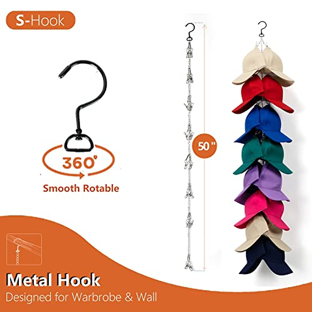 HYDERMUS Hat Rack 2 Pack for 32 Baseball Caps with Adjustable Height Hanging Baseball Hat Organizer for Closet Metal Hat Holder with 32 Clips Hat Storage Hat Hanger for Wall Door Closet 42.5 in