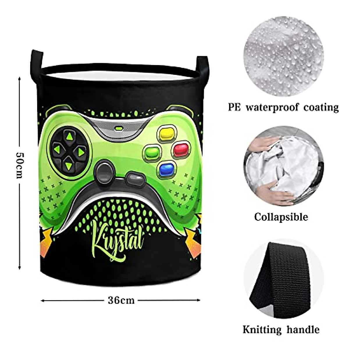 Custom Gamepad Green Laundry Basket Handles Collapsible Hamper Foldable Storage Bin Living Room Office Bathroom Bedroom
