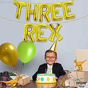 KatchOn, Huge Gold Three Rex Balloons - 16 Inch | Gold Three Rex Birthday Party Decorations | 3 Rex Birthday Decorations Boys | Three Rex Birthday Decorations Boys | Dinosaur Birthday Decorations