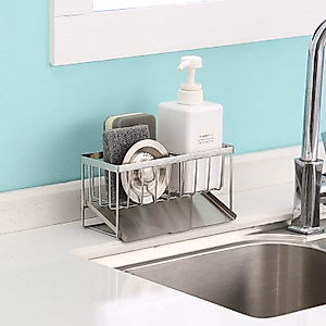 JINSILU Sink Caddy with Drain Tray, Kitchen Sink Caddy for ponge Dish Brush Soap, Kitchen Sink Organizer for Kitchen Bathroom, Sus304 Stainless Steel Rustproof