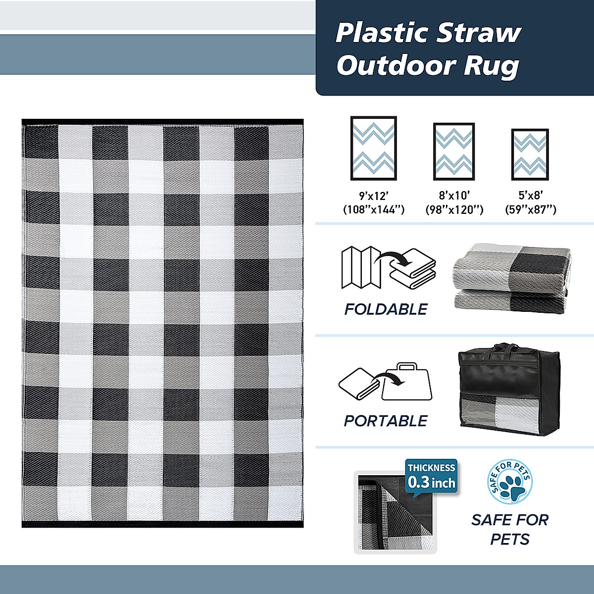 Lena Rug Buffalo Plaid Outdoor Rug Waterproof for Patio RV Camping Picnic Balcony Plastic Straw Rug Grey White 5x7