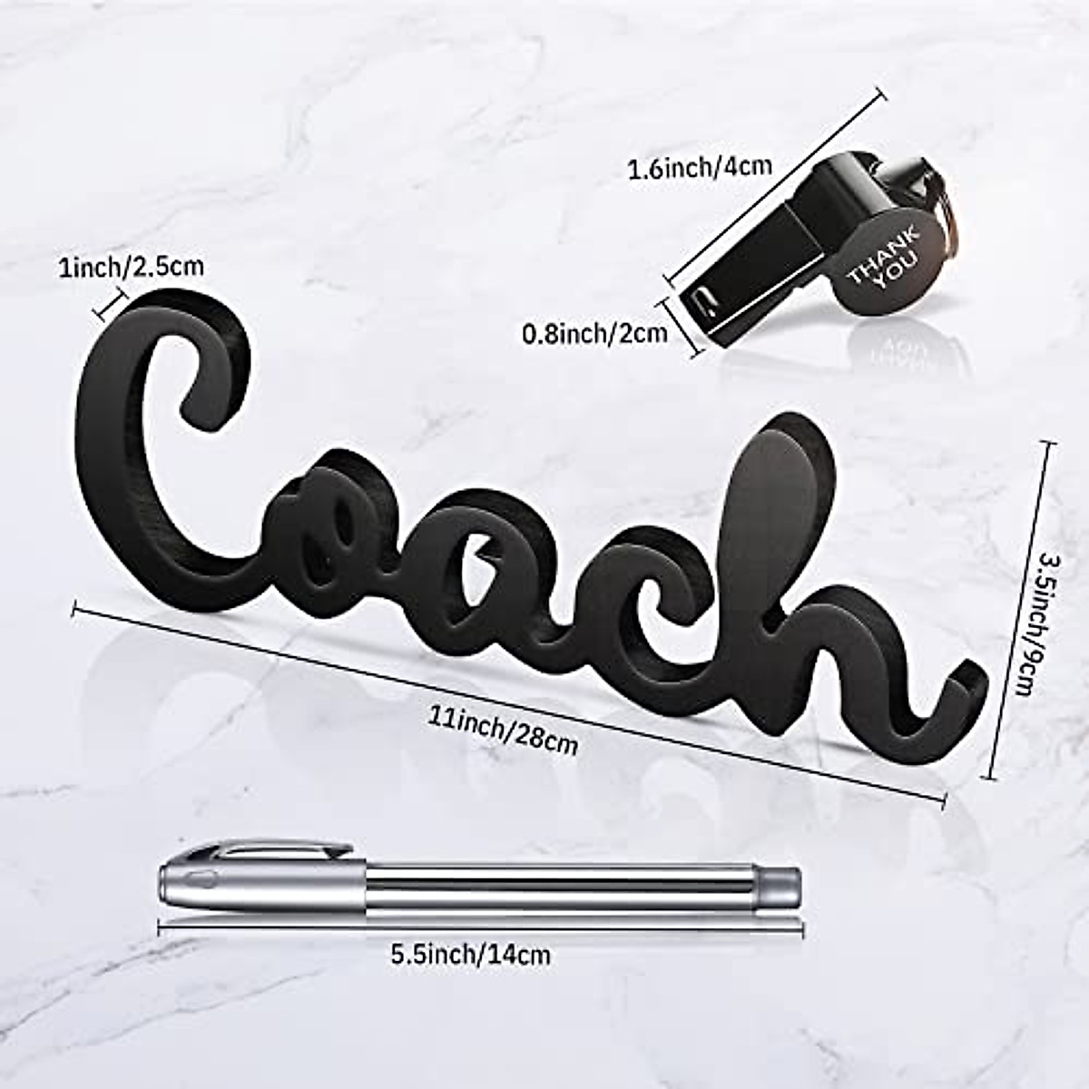 Yalikop 3 Pieces Coach Gifts, Coach Wood Sign, Coach Pen, Whistles with Lanyard, Coach Whistle, Wooden Letters Sign for Christmas Gift Men Women Referees Sports Coach Home Office Sports Decorations (Black Sign)