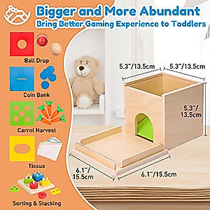 Woodtoe Montessori Toys for Babies 3 Year Old, Wooden Educational Toy, 5 in 1 Play Kit Set with Object Permanence Box, Baby Tissue Box, Carrot Harvest, Coin Box, Toddler Early Development Toy for Baby