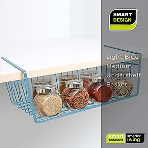 Smart Design Undershelf Storage Basket - Medium - Snug Fit Arms - Steel Metal Frame - Rust Resistant - Cabinet, Pantry, and Shelf Organization - 16 x 5.5 Inch - Light Blue