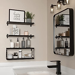 WOPITUES Floating Shelves Wall Mounted, Wood Bathroom Shelves with Extra Storage Shelf, Rustic Wall Shelves for Bathroom, Bedroom, Kitchen, Living Room, Plants - Black