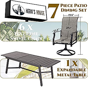 HERA'S HOUSE 7 Pieces Patio Dining Set, Outdoor Dining Set for 6, 6 x Dining Chair, 1 x Rectangular Expandable Large Surface Metal Dining Table for Patio, Lawn, Garden, Porch