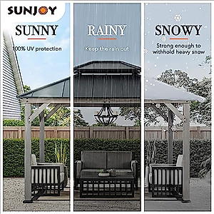 Sunjoy 10 x 12 ft. Wood Gazebo, Outdoor Patio Steel Hardtop Gazebo, Cedar Framed Wooden Gazebo with 2-Tier Metal Roof, Suitable for Patios, Lawn and Backyard, Matte Black Roof + Gray Wood Frame