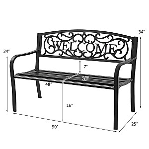 Giantex Garden Bench, Antique Metal Outside Bench w/Warm Welcome Pattern, Elegant Bronze Finish and Durable Iron Frame for Park Yard Porch Chair (Black)