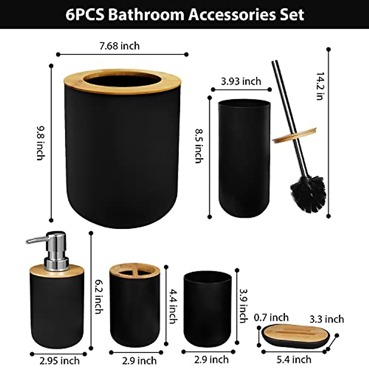 Ikaufen 6PCS Bathroom Accessories Set, Bathroom Decor, Plastic & Bamboo Bath Ensemble Kit with Lotion Dispenser, Toothbrush Holder, Toothbrush Cup, Soap Dish, Toilet Brush & Holder, Trash Can, Black