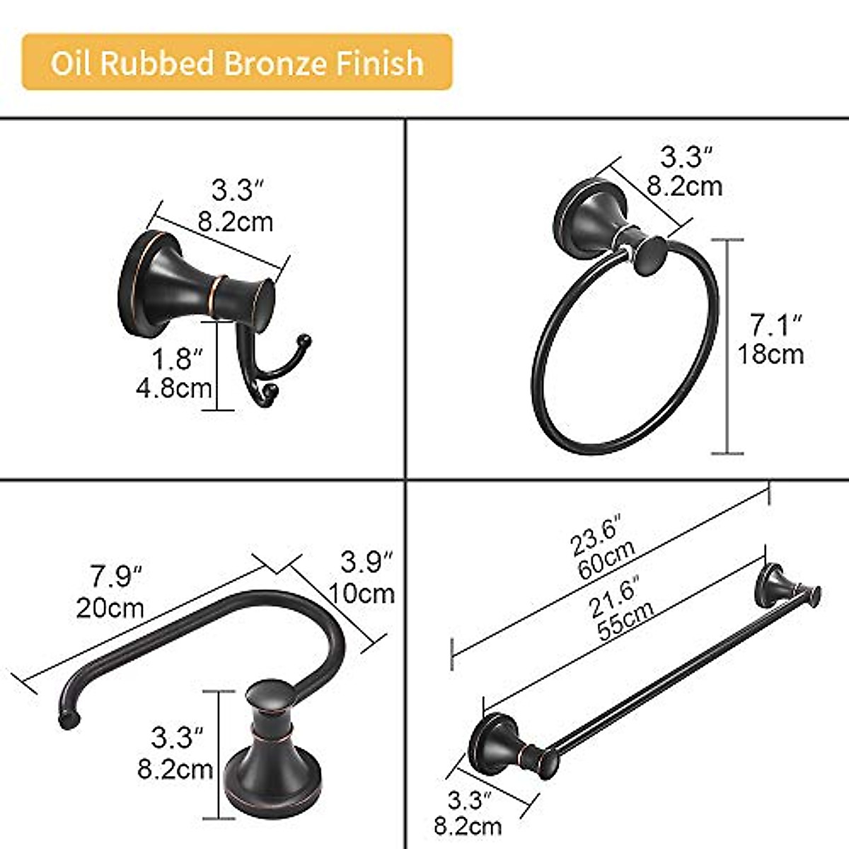 BESy Oil Rubbed Bronze 4 Piece Bathroom Accessories Set (Single Towel Bar, Towel Ring, Toilet Paper Holder, Double Towel Hooks), Wall Mounted Bath Hardware Accessory Fixtures Set