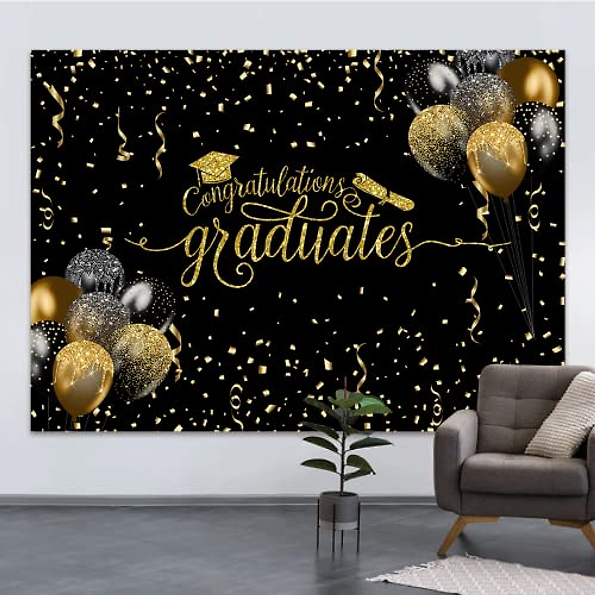 7x5ft Graduation Backdrop Congratulations Graduates Background Class of 2023 Black and Gold Balloon with Ribbon Caps Prom Photography for Senior Year Graduation Party Decoration Banner Supplies
