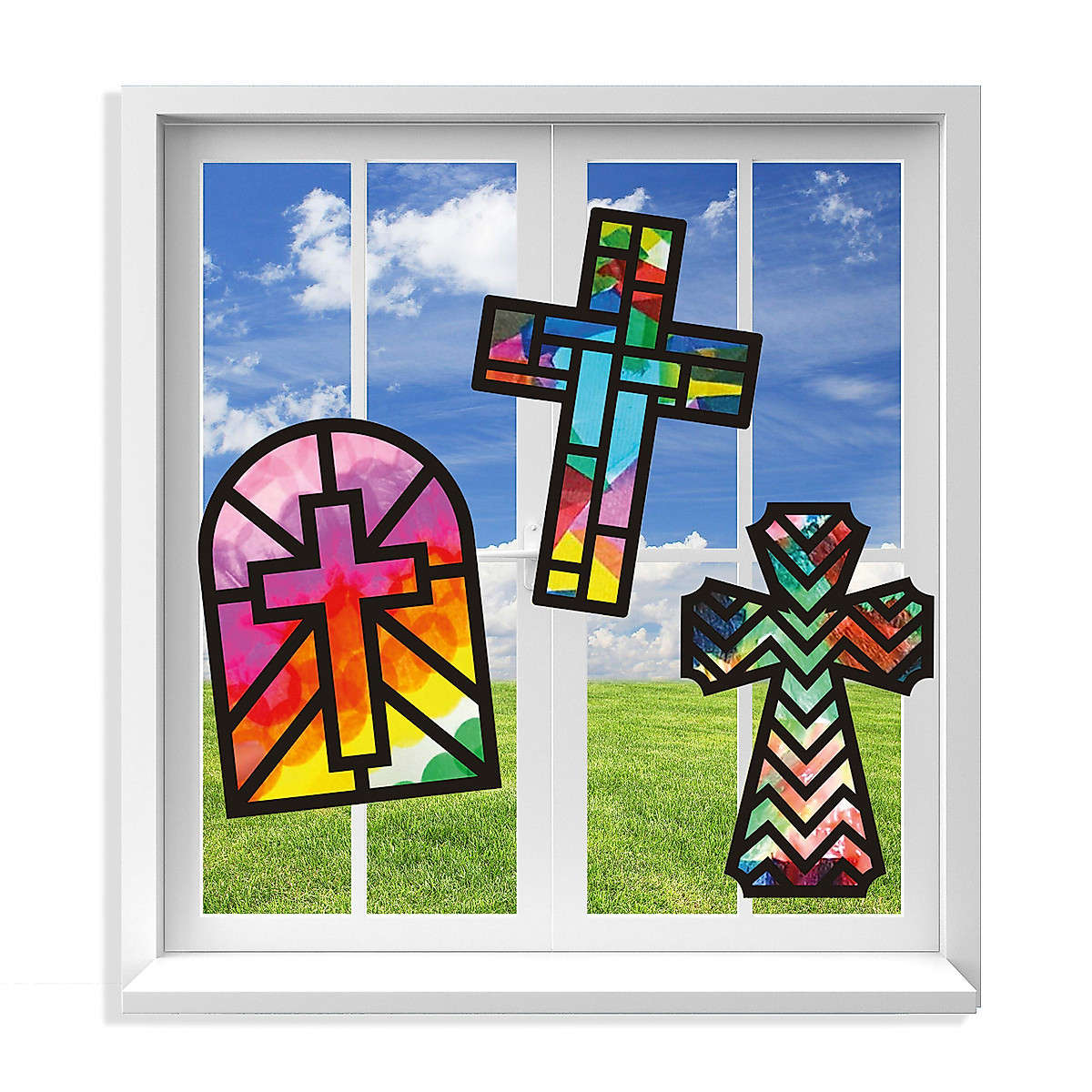 VHALE Suncatchers Craft 3 Sets (9 Cutouts) w Tissue Papers Stained Glass Effect Paper Sun Catcher Kit, Window Art, Classroom Crafts, Creative Art Projects, Kids Party Favors (Cross)