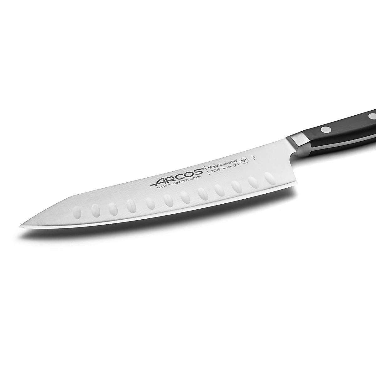 ARCOS Santoku Knife 7 Inch Nitrum Stainless Steel and 190 mm blade. Ergonomic Polyoxymethylene POM Handle.Classical design and rounded finish of great beauty and sturdiness. Series Opera. Color Black.