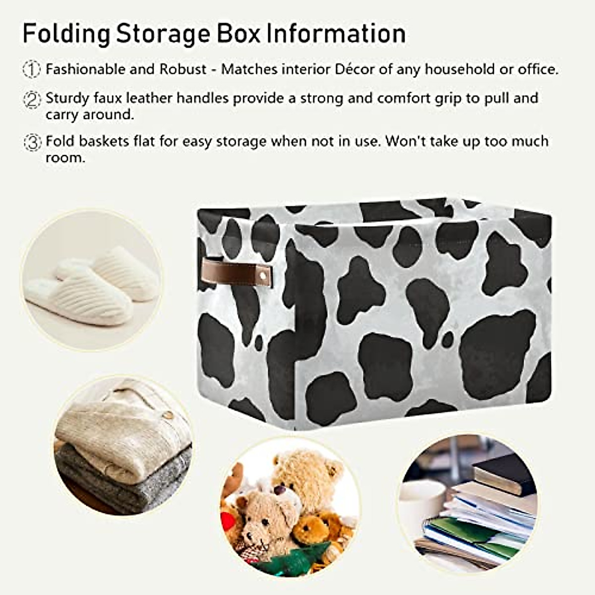 Foldable Storage Basket Cow Pattern Fabric Collapsible Organizer Basket with PU Handles, Decorative Baskets for Shelves Home Closet Bedroom Living Room - 1 Pack