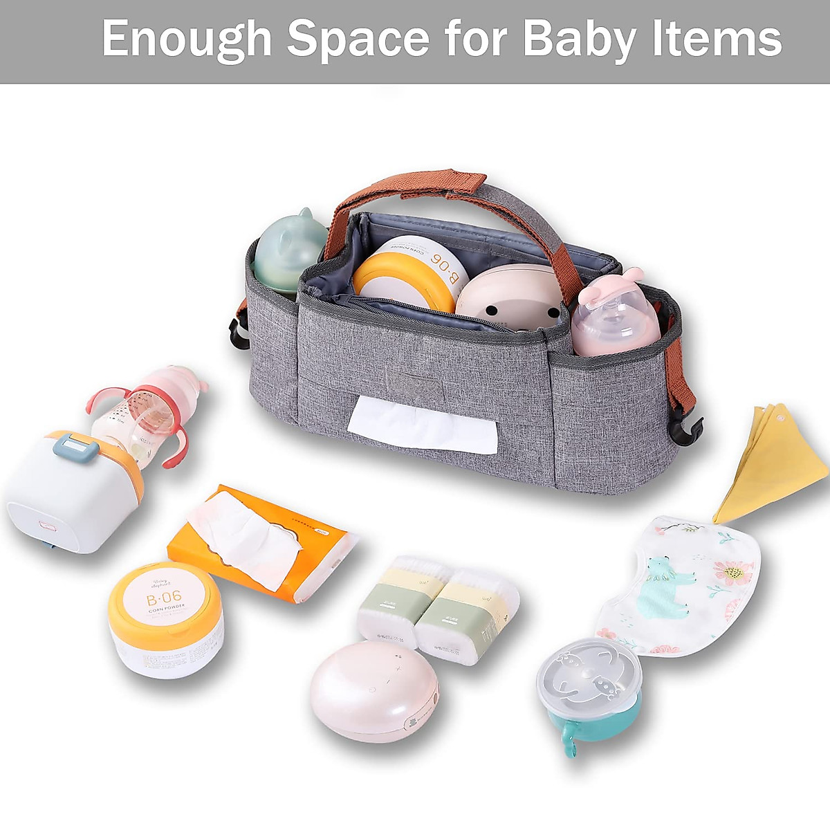 ASunine Large Space Stroller Organizer Bag, Universal Stroller Accessories Bag with 2 Cup Holders, Multiple Pockets for Bottle, Diaper, Phone, Toys, Baby Items