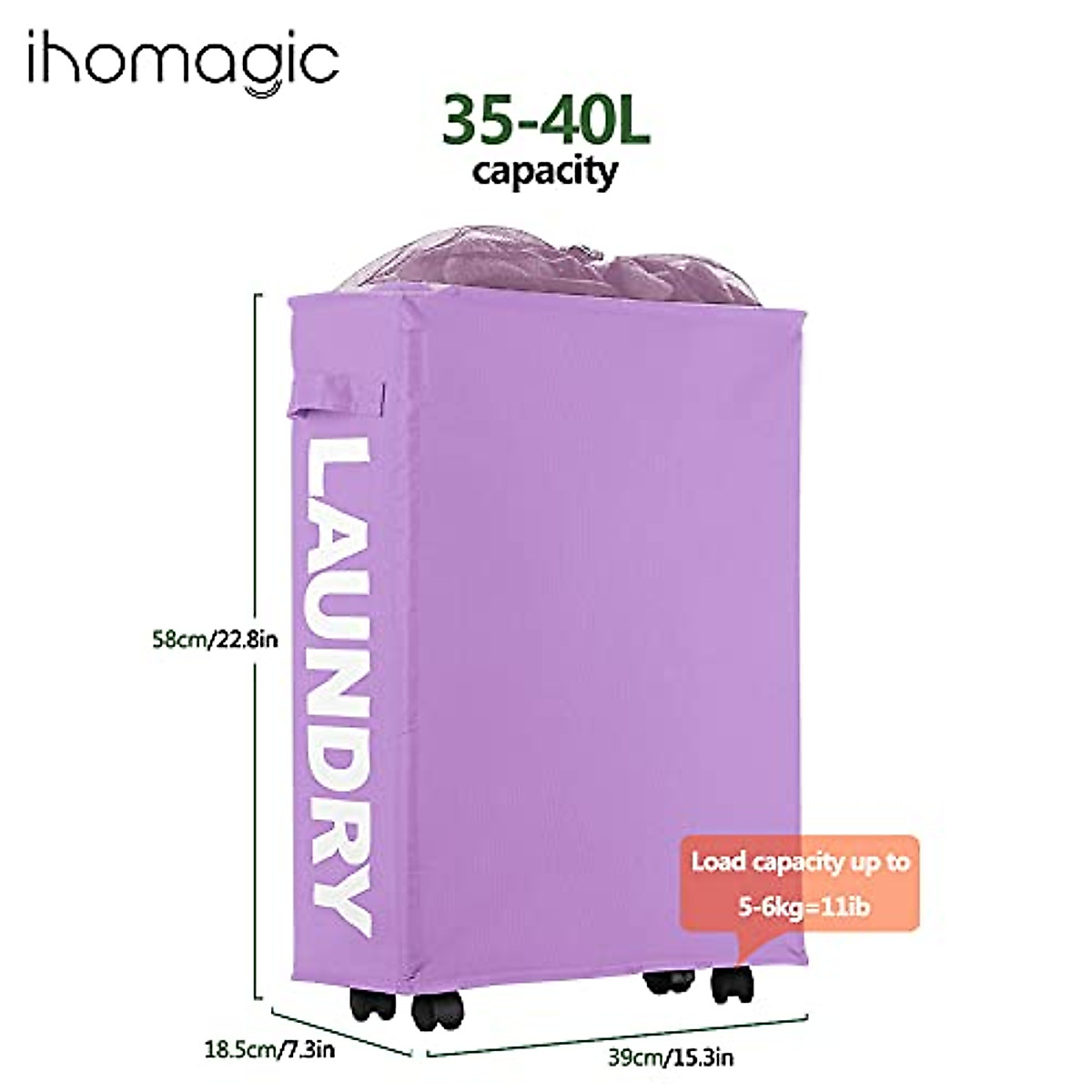 IHOMAGIC 40L Laundry Hamper Collapsible Fabric for Hotel, Freestanding Flexible Laundry Sorter on Wheels - Slim Storage Bag, Decorative Laundry Baskets for Books, Sundries Storage (Purple)