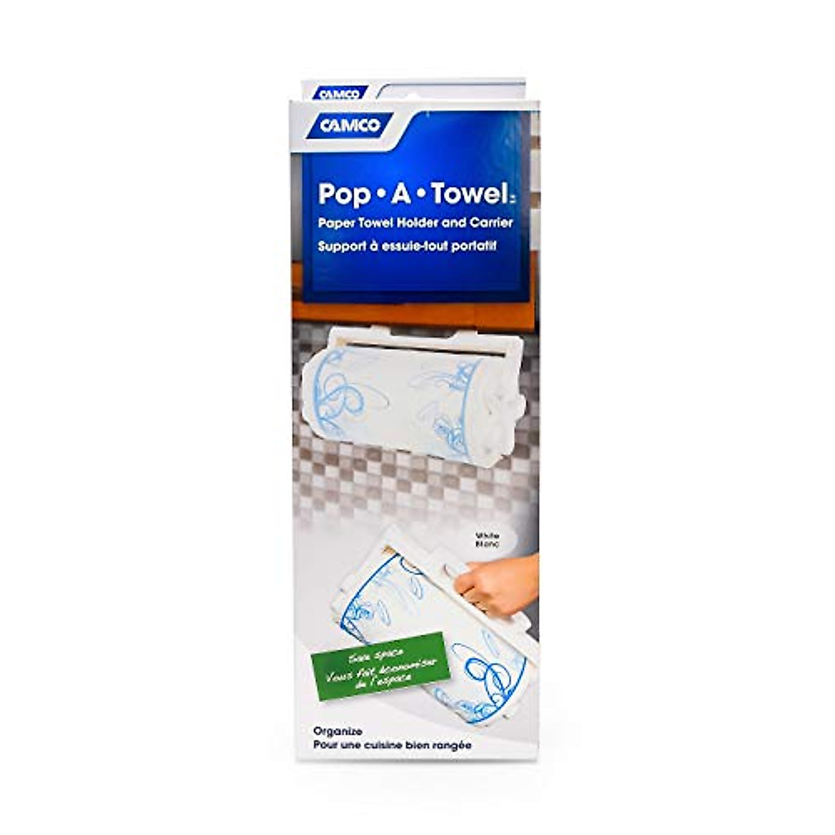 Camco Pop-A-Towel- Mountable or Portable Paper Towel Holder Dispenser, Keep Paper Towels Clean, Conserve Space in Your RV Kitchen (White) (57111)