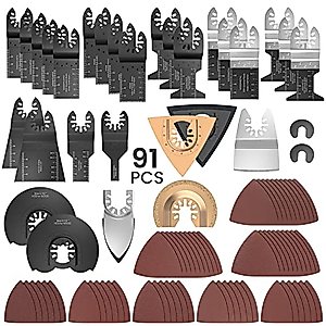 Oscillating Saw Blades, 91 PCS Quick Release Oscillating Tool Blades with Sandpaper for Wood Metal Plastic Cutting, Compatible with Dewalt, Milwaukee, Makita, Ryobi, Rockwell, Bosch etc.