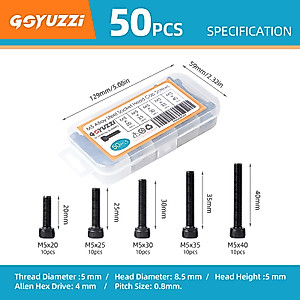 M5 x 20mm 25mm 30mm 35mm 40mm Hex Socket Head Cap Screws Bolts, Metric Allen Hex Drive, 12.9 Grade Alloy Steel, Black Oxide Finish, Fully Threaded, Assortment Kit 50PCS