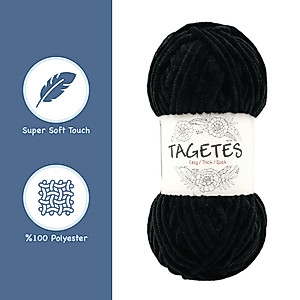 Tagetes Velvet Chenille Yarn (100 gr 132 yds x 2) 264 yds Baby Blanket Yarn, Amigurumi Yarn, Crochet and Knitting Yarn, Super Bulky, Soft, Chunky Yarn (Black)