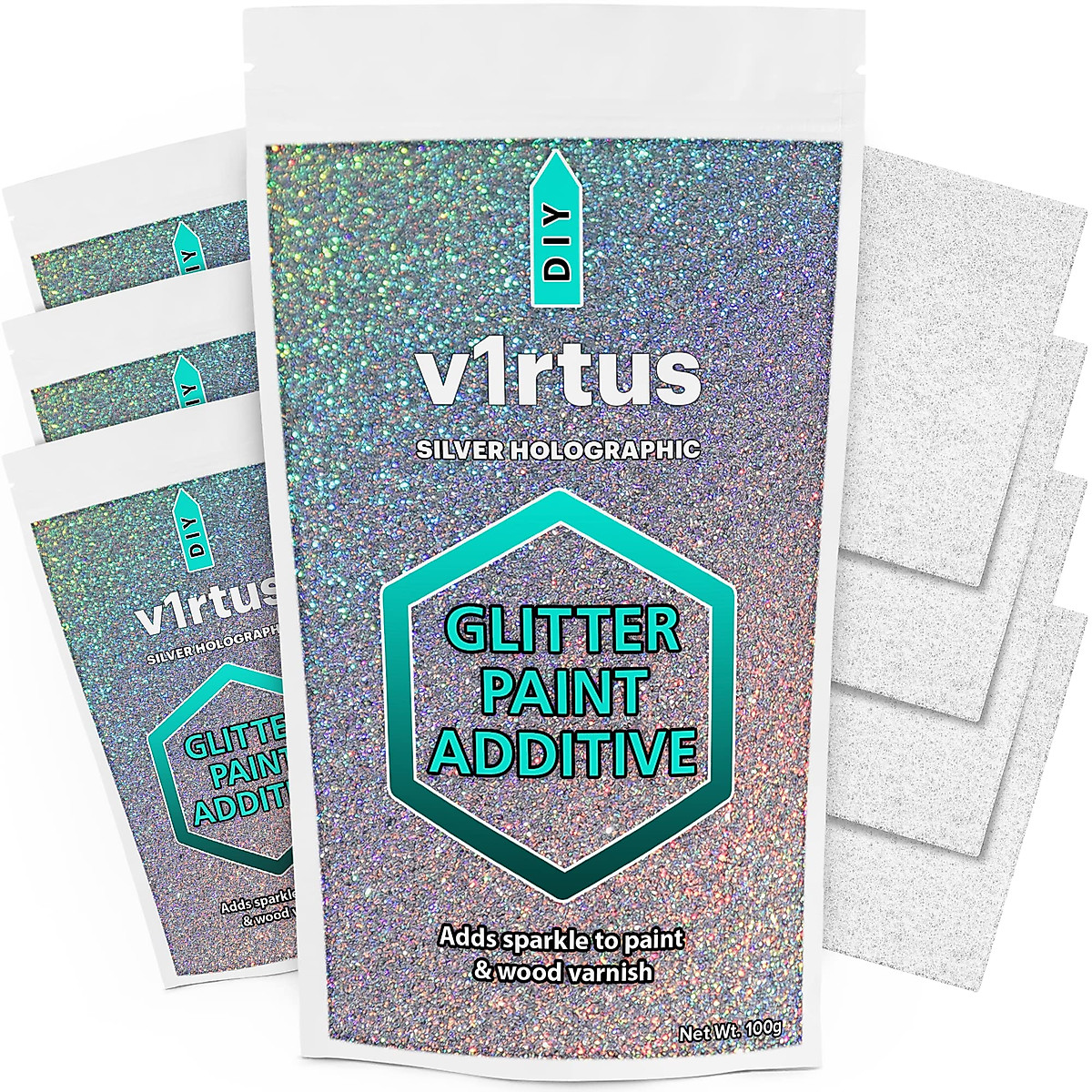 v1rtus Silver Holographic Glitter Paint Additive [400g] with 4X Finishing Buffing Pads for Painting Glitter Walls - Add to Latex Paint, Interior or Exterior for Easy Glitter Sparkle Walls, Ceilings