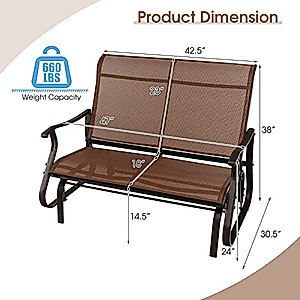 Tangkula Patio Glider Bench, 2-Person Outdoor Rocking Bench with High Back & Curved Armrests, Swing Glider Loveseat with Spacious Seat for Backyard, Balcony, Poolside, Porch (Brown)