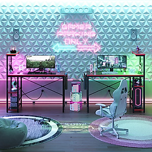 Bestier Gaming Desk with Power Outlets, 44 Inch Led Gamer Desk with 4 Tiers Reversible Shelves, PC Gaming Table with Headset Hook & Side Storage Bag for Bedroom (Black 3D Carbon Fiber)