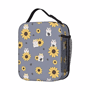 KiuLoam Insulated Lunch Box Cute Hamster And Sunflower Reusable Lunch Bag With Shoulder Strap For Women/Men/Girls/Boys Lunchbox Meal Tote Bag