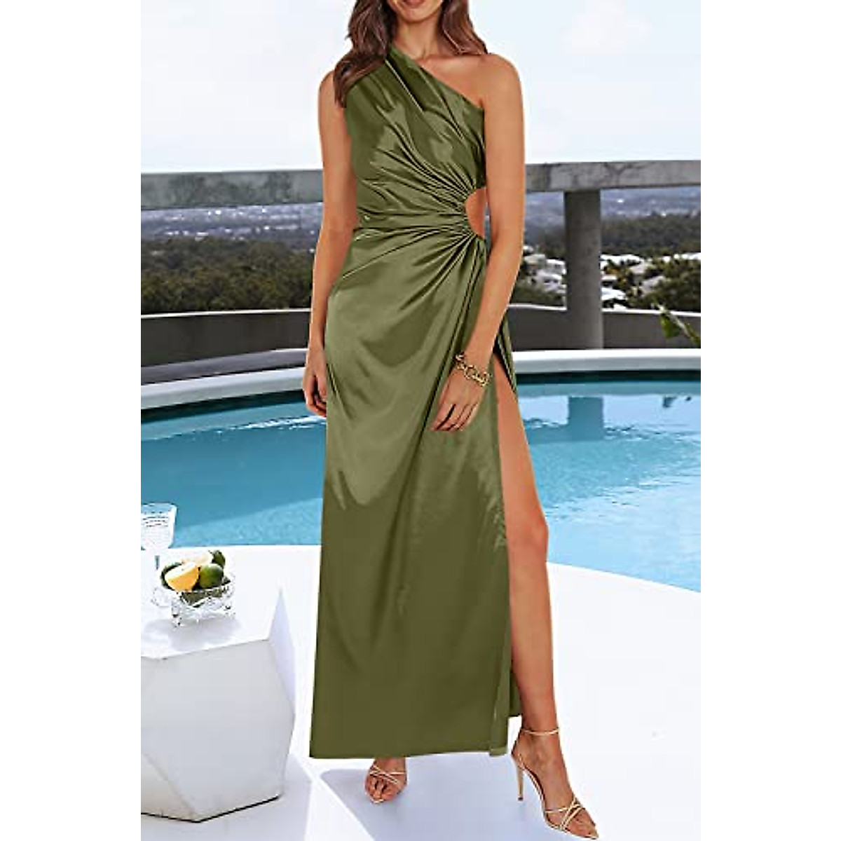 PRETTYGARDEN Women's 2023 Summer One Shoulder Satin Dress Cutout High Split Cocktail Wedding Guest Maxi Dresses (Dark Army Green,Medium)