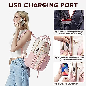 LOVEVOOK Laptop Backpack for Women, Fits 17 Inch Laptop Bag, Fashion Travel Work Anti-theft Bag, Business Computer Waterproof Backpack Purse, University Backpacks, Beige-Pink-Pink