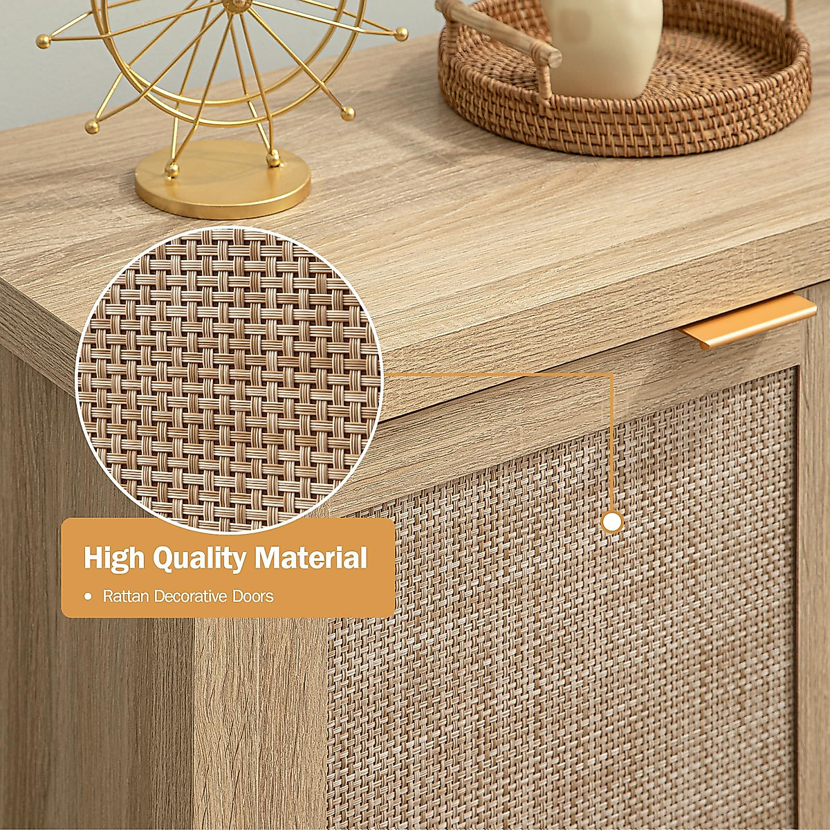 SICOTAS Credenza Sideboard Buffet Rattan Cabinet - Boho Large Kitchen Storage Cabinet with Rattan Storage - Wood Cabinet Buffet Console Table for Dining Room Hallway - 2 Pieces (Natural)