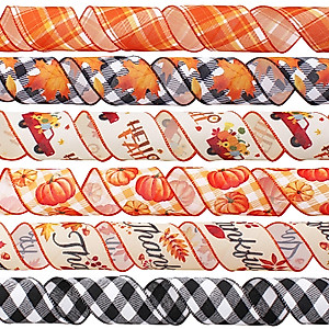 Fall Ribbon Wired 2 1/2 Inch x 30 Yards(6 Roll x 5 Yards), Thanksgiving Pumpkin Buffalo Plaid Ribbon with Wire for Wreaths Crafts Fall Decor