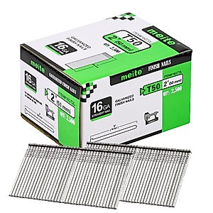 meite 16 Gauge Finish Nails, 2-Inch 16GA Straight Finish Nails Galvanized Finishing Nails for Electric or Pneumatic Nailer Guns (2,500 Counts)