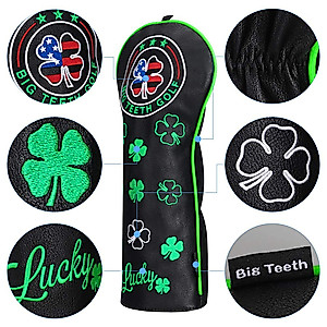 BIG TEETH Golf Head Covers Driver Hybrid Fairway Cover Golf Club Protector Lucky Clover and USA Pattern Black (Driver Cover)