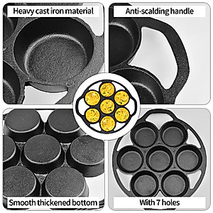 SUNSHNO Cast Iron Biscuit Pan Mini Cake Pan with Handles, Pre-Seasoned Baking Set 7 Cake Baking Tray Maker Pan for Biscuits, Bake Muffins, Cornbread and Scones, Include special steel fork and brush