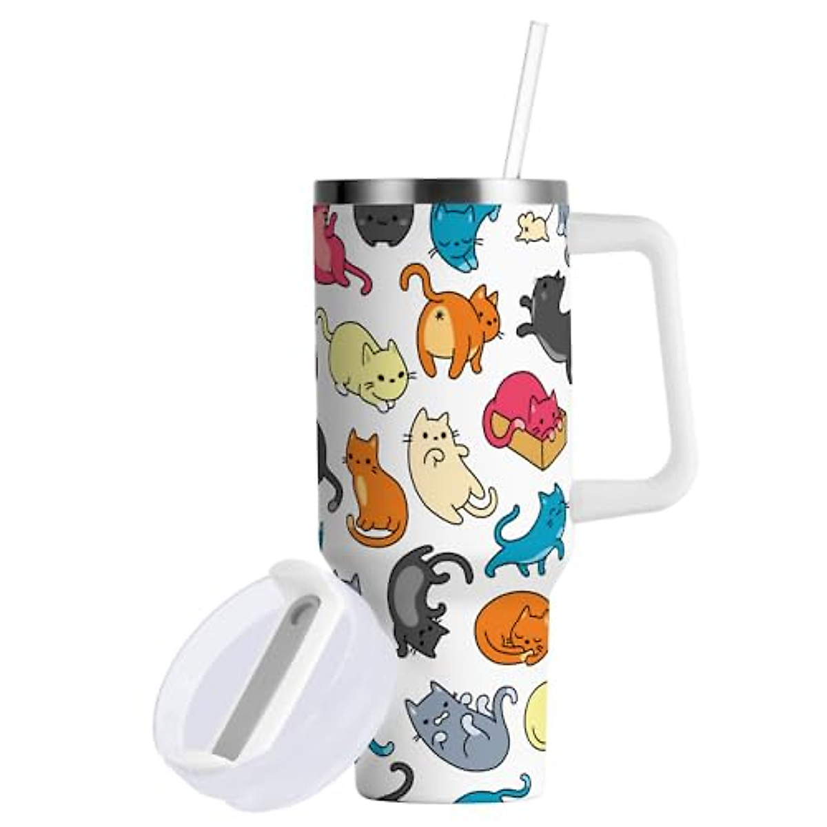 MCHIVER Cats White 40 oz Tumbler with Handle and Straw Stainless Steel Vacuum Water Bottle Leak-proof Travel Coffee Mug Thermos Water Bottle for Hot Cold Beverages