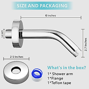 Nuodan Shower Arm with Flange, 6 Inches Wall Mount Replacement Shower Head Arm For Fixed Shower Head and Handheld Showerhead, Chrome